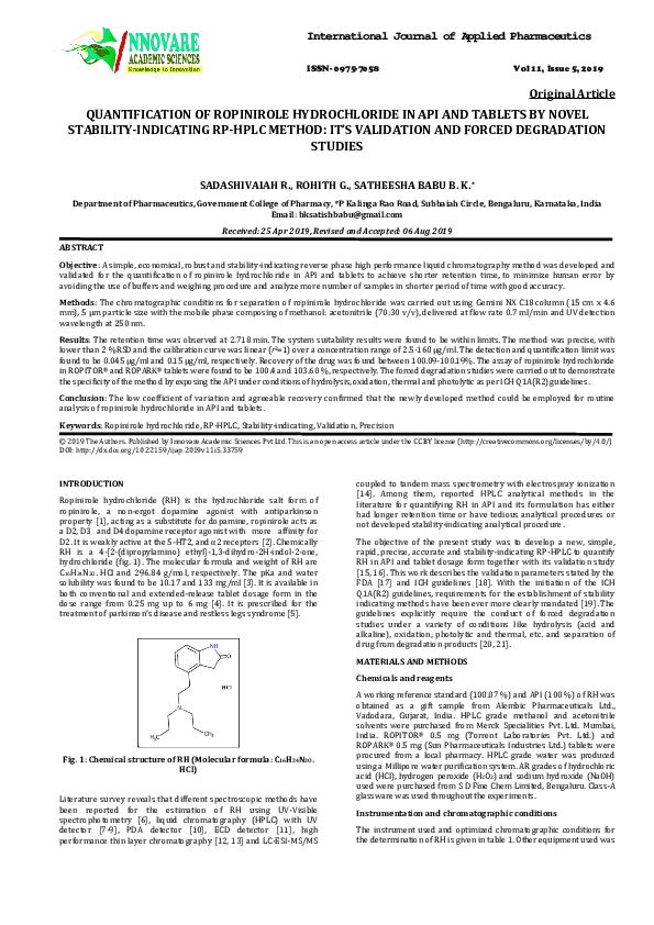 (PDF) QUANTIFICATION OF ROPINIROLE HYDROCHLORIDE IN API AND TABLETS BY NOVEL STABILITY ...