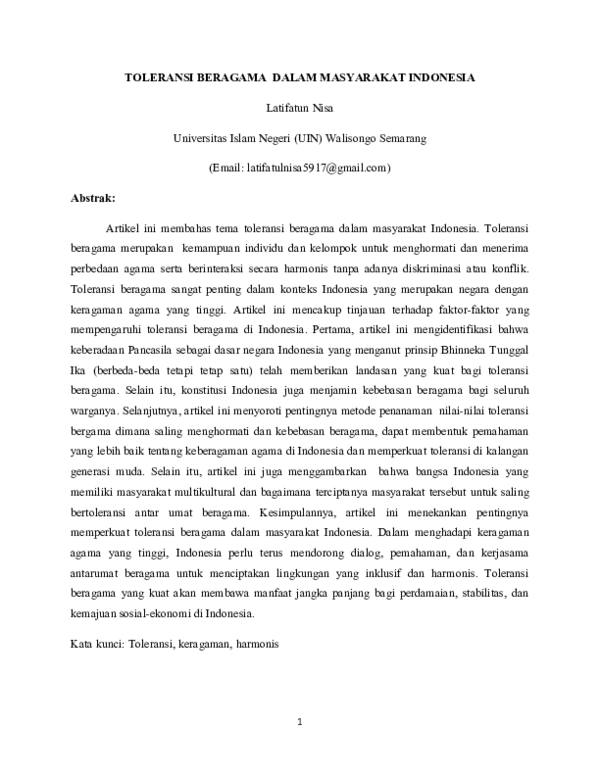 (DOC) TOLERANSI BERAGAMA DALAM MASYARAKAT INDONESIA