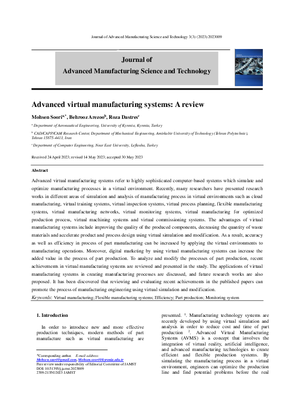 (PDF) Advanced Virtual Manufacturing Systems, A Review