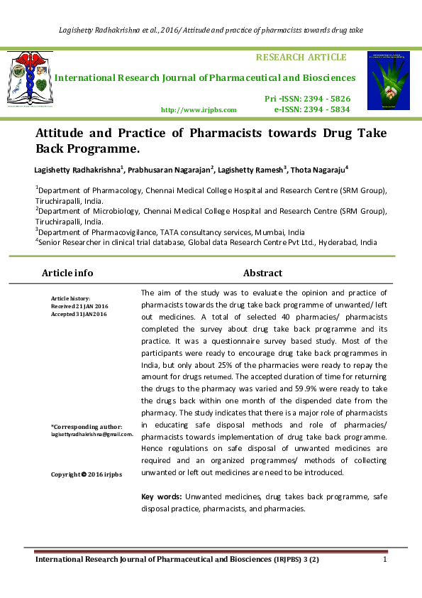(PDF) Attitude and practice of pharmacists towards drug take back programme