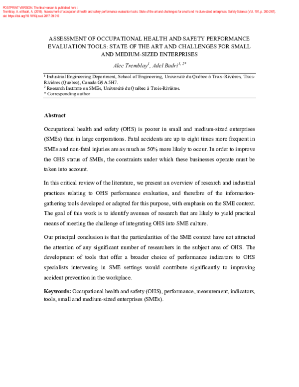 (PDF) Assessment of occupational health and safety performance ...