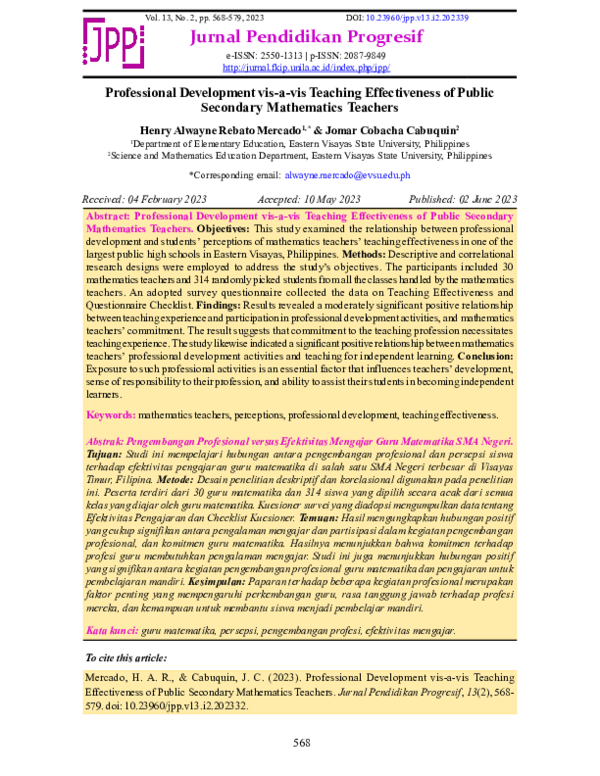 (PDF) Professional Development vis-a-vis Teaching Effectiveness of ...