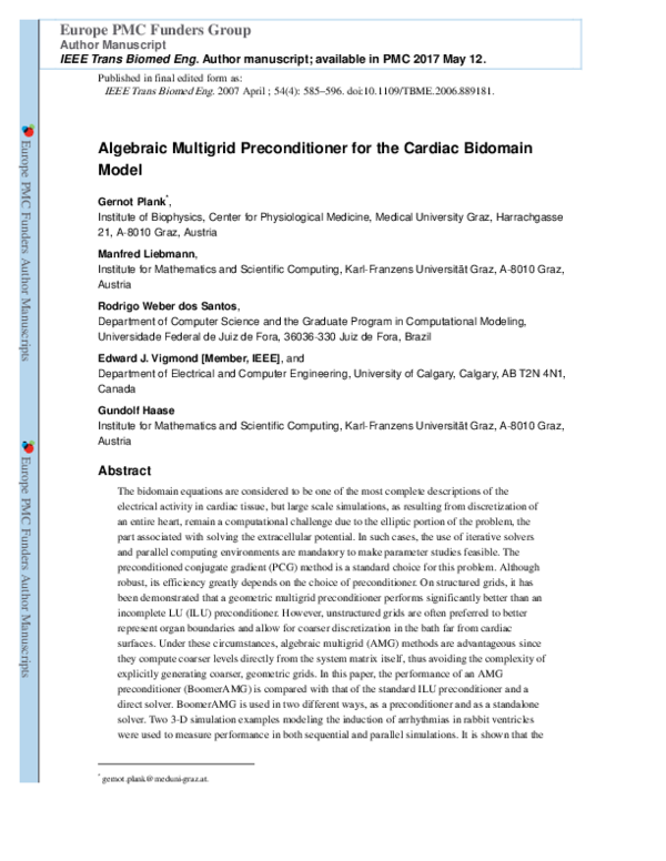 (PDF) Algebraic Multigrid Preconditioner for the Cardiac Bidomain Model