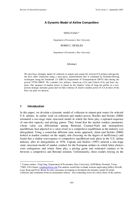 (PDF) A Dynamic Model of Airline Competition | Robin Sickles - Academia.edu