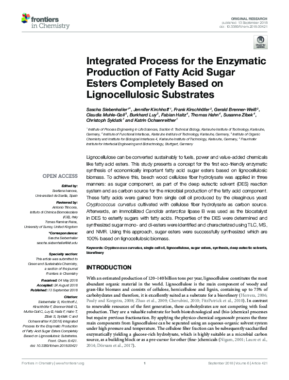 (PDF) Integrated Process for the Enzymatic Production of Fatty Acid Sugar Esters Completely ...