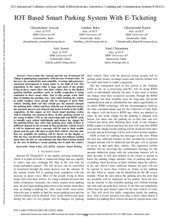 (PDF) IOT Based Smart Parking System With E-Ticketing