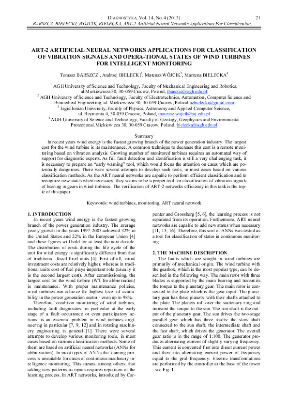 Pdf Art 2 Artificial Neural Networks Applications For Classification Of Vibration Signals And