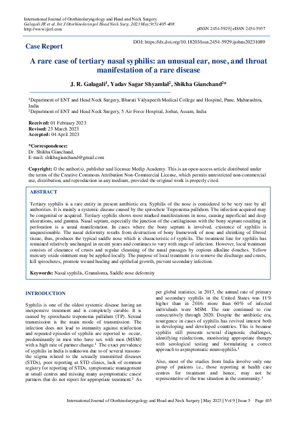 (PDF) A rare case of tertiary nasal syphilis: an unusual ear, nose, and ...