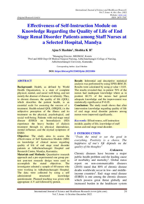 (PDF) Effectiveness of Self-Instruction Module on Knowledge Regarding the Quality of Life of End ...