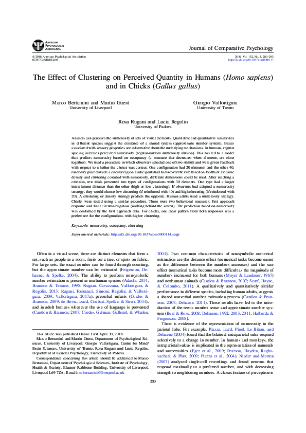 (PDF) The effect of clustering on perceived quantity in humans (Homo sapiens) and in chicks ...