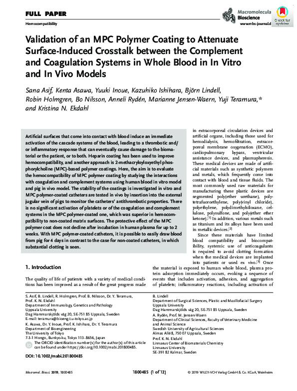 (PDF) Validation of an MPC Polymer Coating to Attenuate Surface‐Induced ...