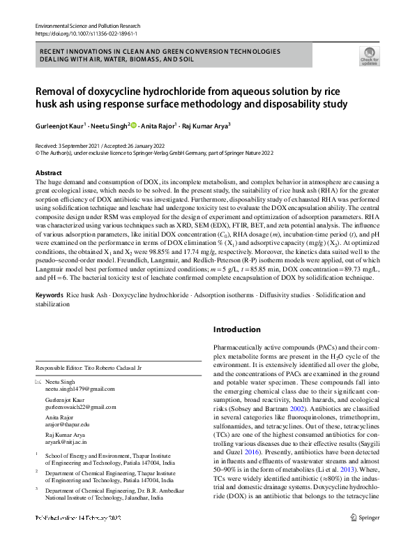 (PDF) Removal of doxycycline hydrochloride from aqueous solution by ...
