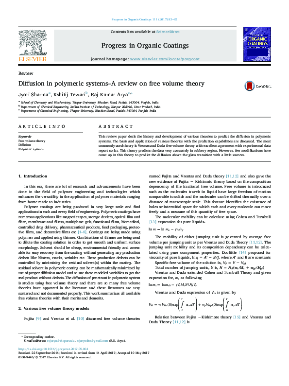 (PDF) Diffusion in polymeric systems–A review on free volume theory