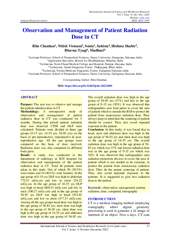 (PDF) Observation and Management of Patient Radiation Dose in CT
