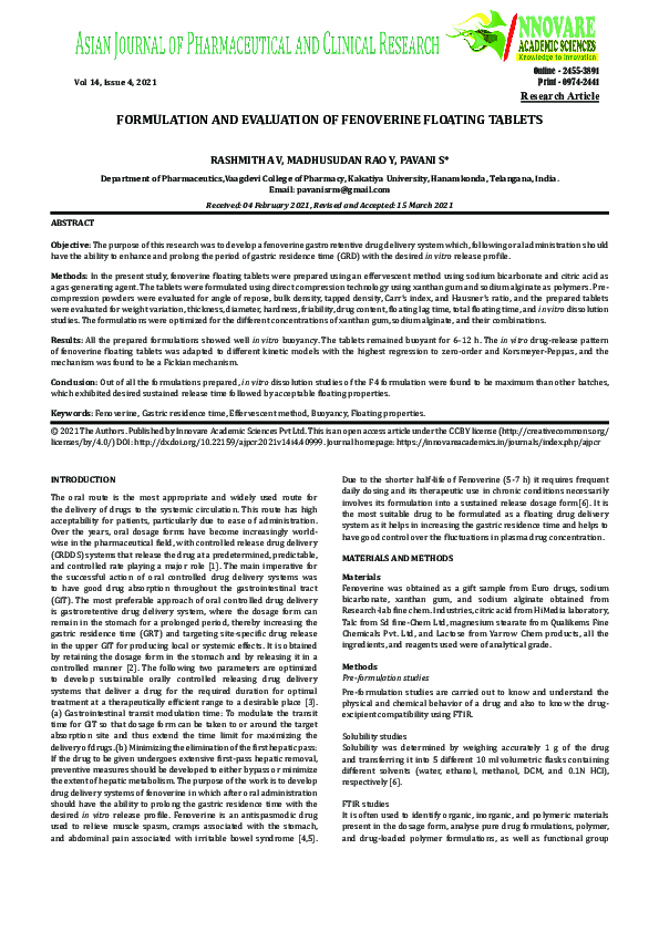 Pdf Formulation And Evaluation Of Fenoverine Floating Tablets