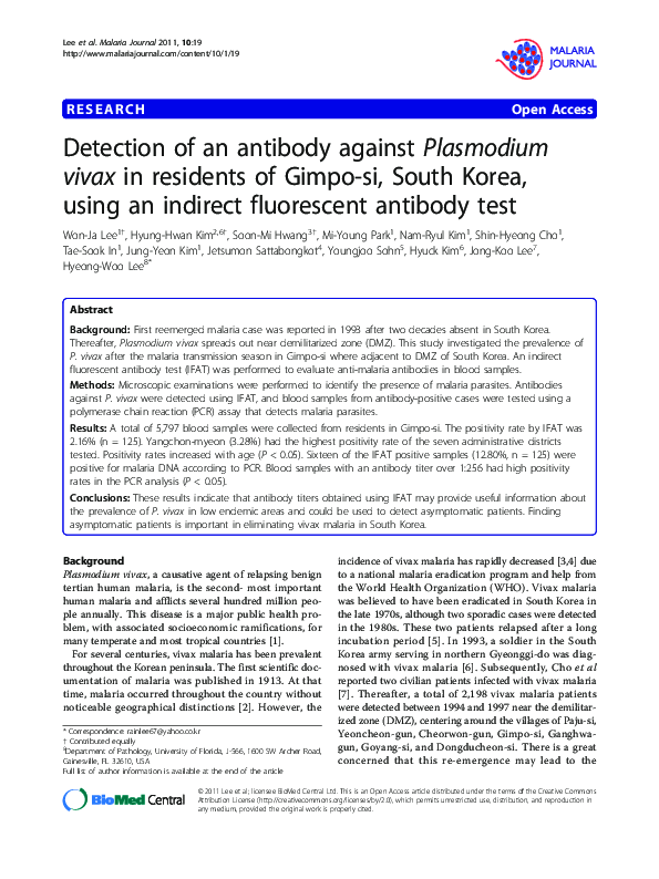 (PDF) Detection of an antibody against Plasmodium vivax in residents of Gimpo-si, South Korea ...
