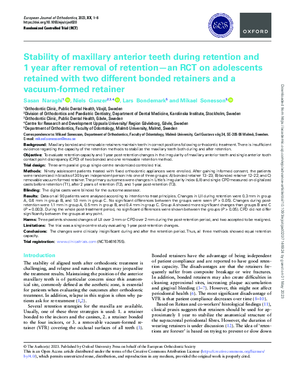 (PDF) Stability of maxillary anterior teeth during retention and 1 year ...