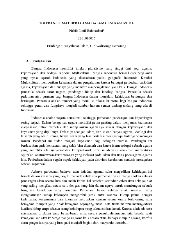 (DOC) TOLERANSI UMAT BERAGAMA DALAM GENERASI MUDA