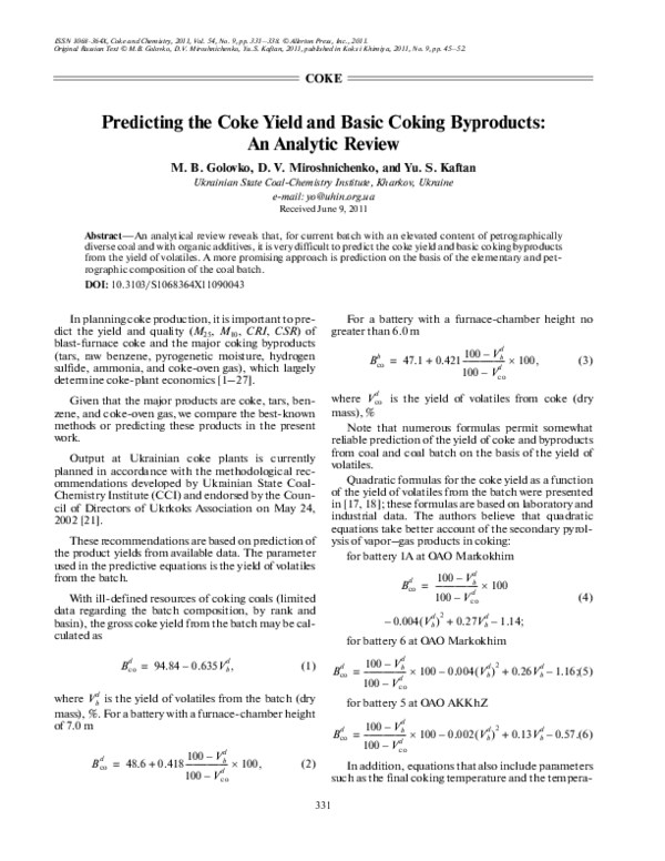 (PDF) Predicting the coke yield and basic coking byproducts: An ...