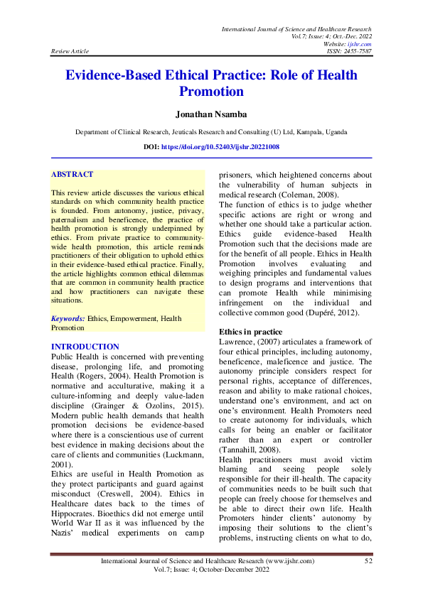 (PDF) Evidence-Based Ethical Practice: Role of Health Promotion