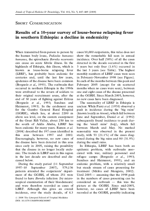 (PDF) Results of a 10-year survey of louse-borne relapsing fever in ...