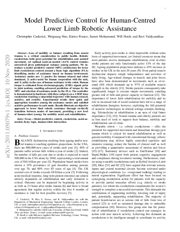 (PDF) Model Predictive Control for Human-Centred Lower Limb Robotic Assistance