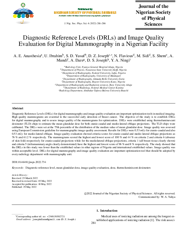 (PDF) Diagnostic Reference Levels (DRLs) and Image Quality Evaluation for Digital Mammography in ...