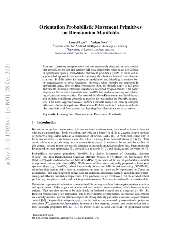 (PDF) Orientation Probabilistic Movement Primitives on Riemannian Manifolds