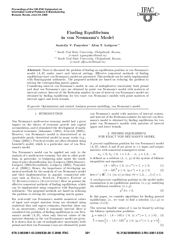 (PDF) Finding Equilibrium in Von Neumann's Model | Alina Latipova ...