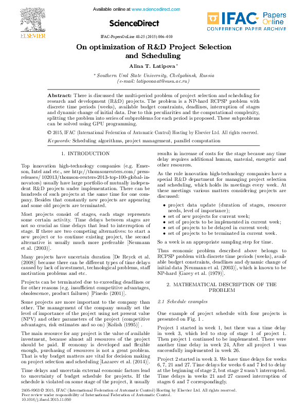 (PDF) On optimization of R&D Project Selection and Scheduling