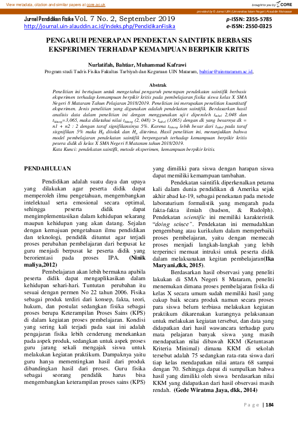 (PDF) Pengaruh Penerapan Pendektan Saintifik Berbasis Eksperimen Terhadap Kemampuan Berpikir Kritis