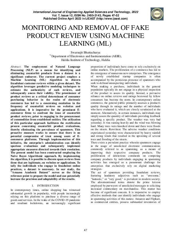 (PDF) Monitoring and Removal of Fake Product Review Using Machine ...