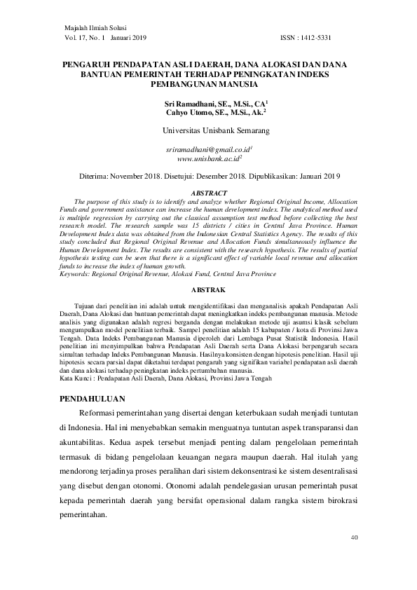 (PDF) Pengaruh Pendapatan Asli Daerah, Dana Alokasi Dan Dana Bantuan Pemerintah Terhadap ...
