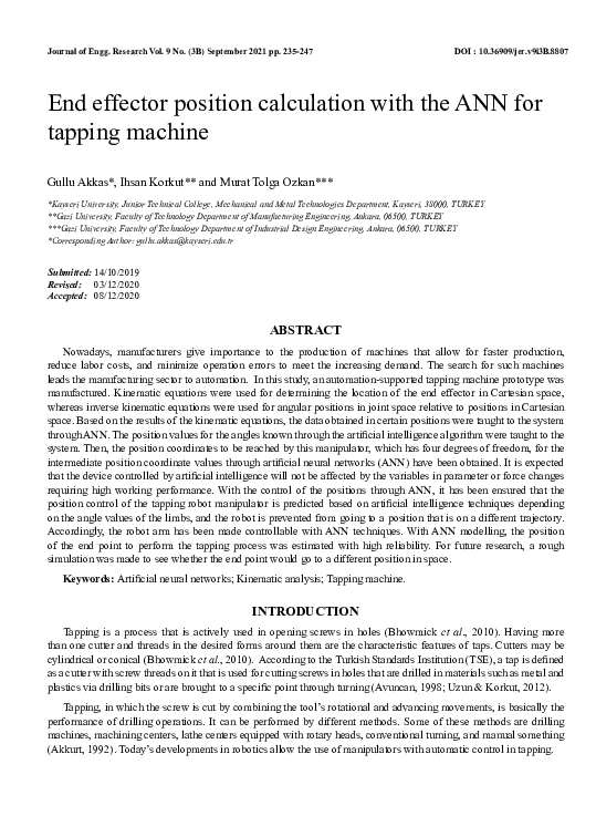 (PDF) End effector position calculation with the ANN for tapping machine