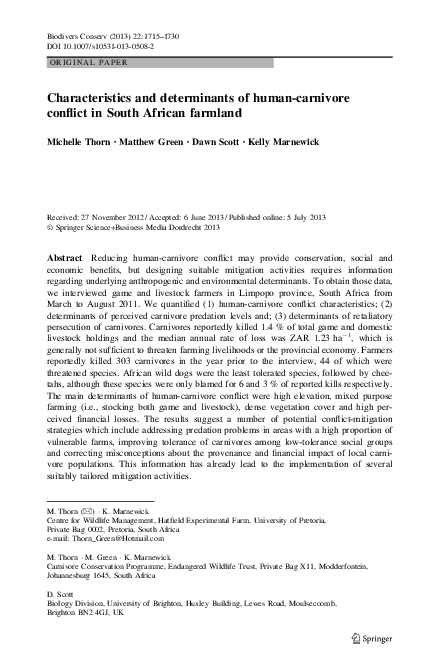 (PDF) Characteristics and determinants of human-carnivore conflict in ...