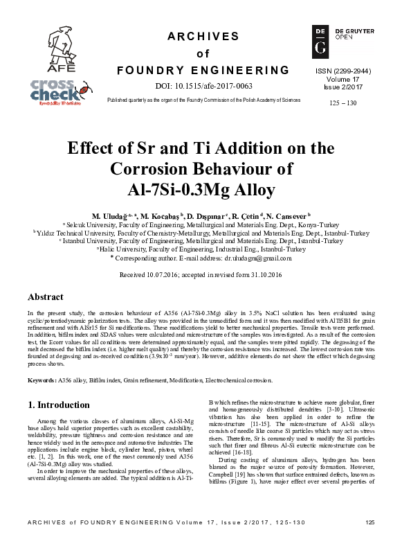 (PDF) Effect of Sr and Ti Addition on the Corrosion Behaviour of Al-7Si ...