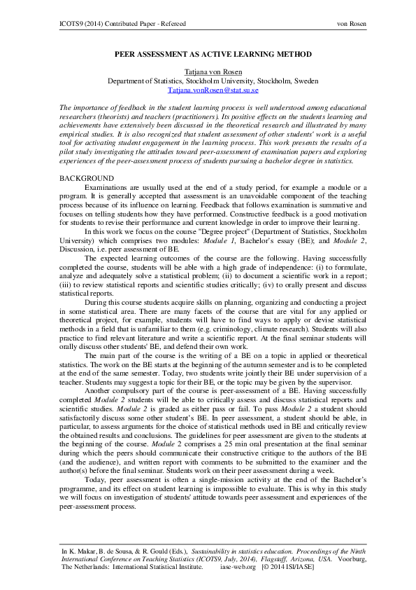 (PDF) Peer Assessment as Active Learning Method