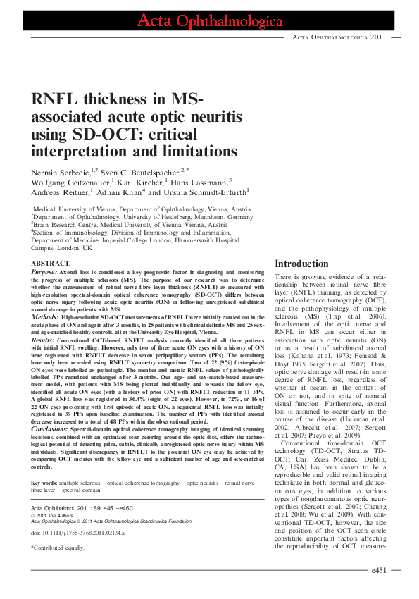 (PDF) RNFL thickness in MS-associated acute optic neuritis using SD-OCT ...