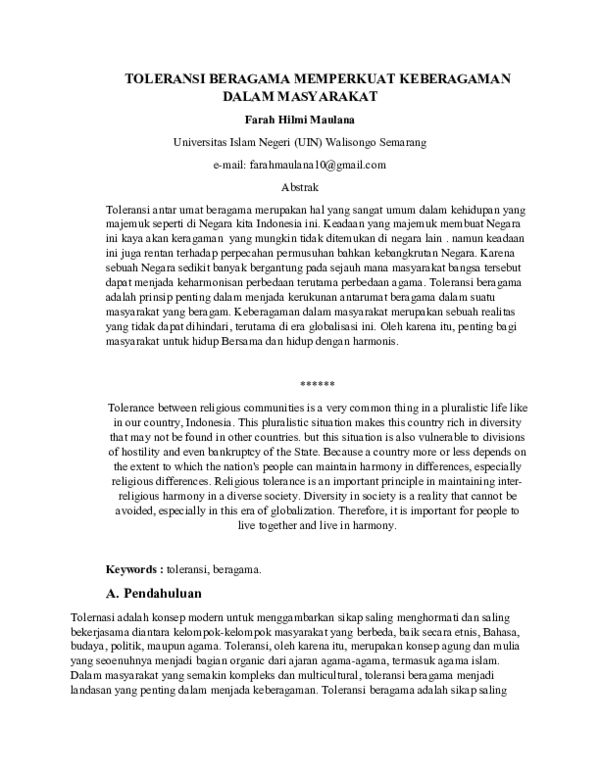 (DOC) TOLERANSI BERAGAMA MEMPERKUAT KEBERAGAMAN DALAM MASYARAKAT