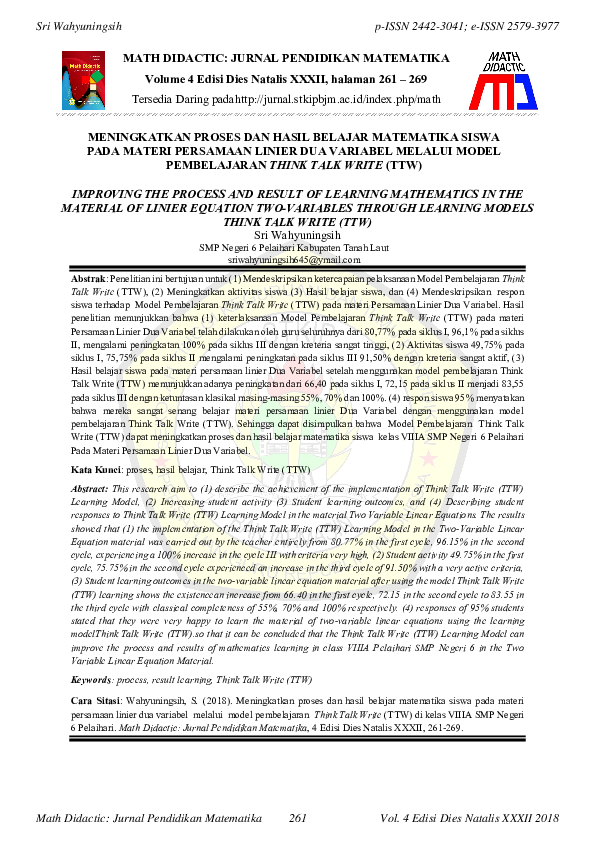(PDF) Meningkatkan proses dan hasil belajar matematika siswa pada materi persamaan linier dua ...