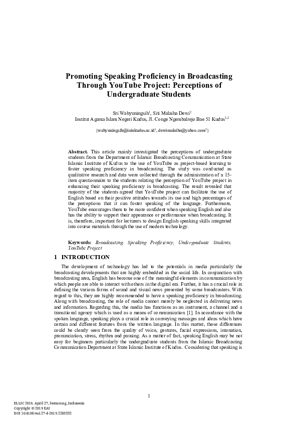 (PDF) Promoting Speaking Proficiency in Broadcasting Through YouTube ...