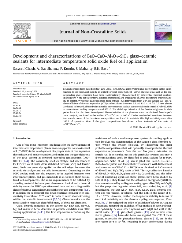 (PDF) Development and characterizations of BaO–CaO–Al2O3–SiO2 glass–ceramic sealants for ...