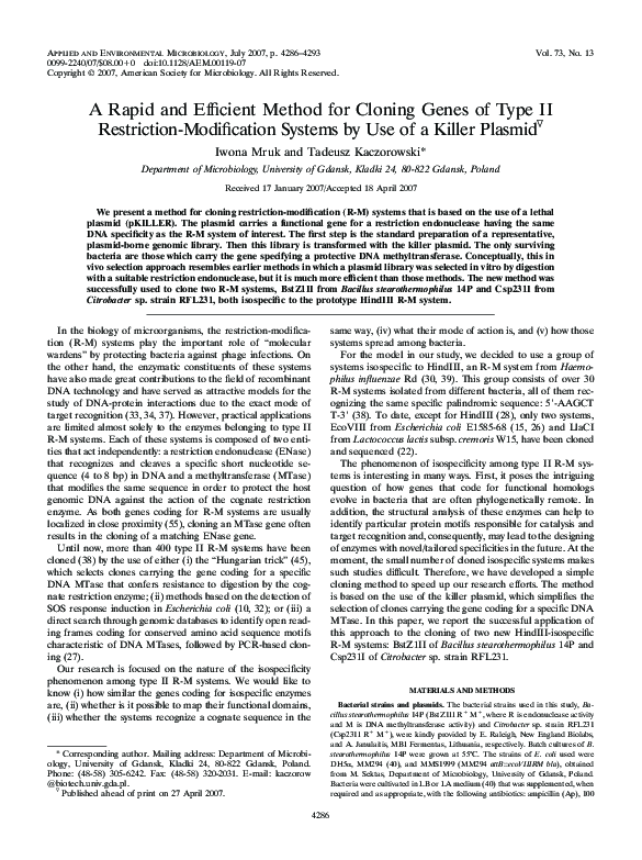 (PDF) A Rapid and Efficient Method for Cloning Genes of Type II ...