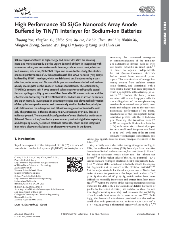 (PDF) High Performance 3D Si/Ge Nanorods Array Anode Buffered by TiN/Ti ...
