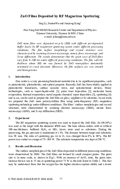 (PDF) ZnO films deposited by RF magnetron sputtering