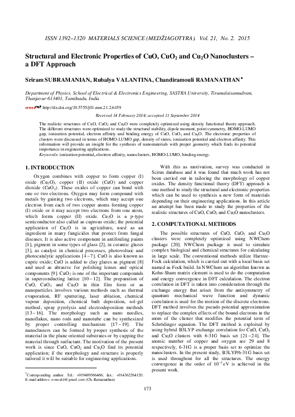 (PDF) STRUCTURAL AND ELECTRONIC PROPERTIES OF CuO, CuO2 AND Cu2O NANOCLUSTERS – A DFT APPROACH