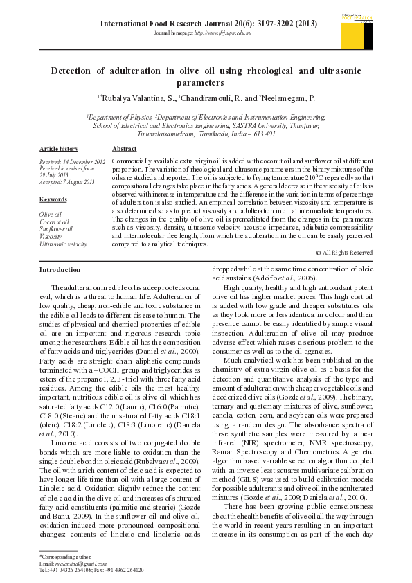 Pdf Detection Of Adulteration In Olive Oil Using Rheological And Ultrasonic Parameters
