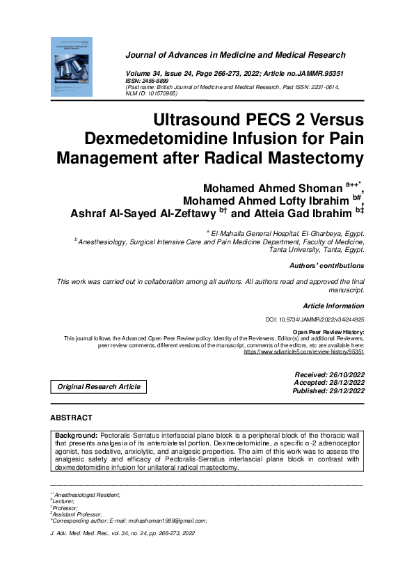 (PDF) Ultrasound PECS 2 Versus Dexmedetomidine Infusion for Pain ...