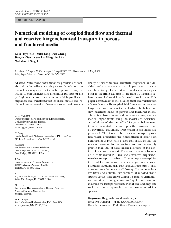 (PDF) Numerical modeling of coupled fluid flow and thermal and reactive biogeochemical transport ...