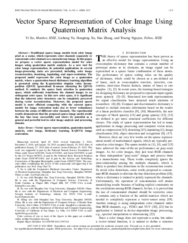 (PDF) Vector Sparse Representation of Color Image Using Quaternion Matrix Analysis